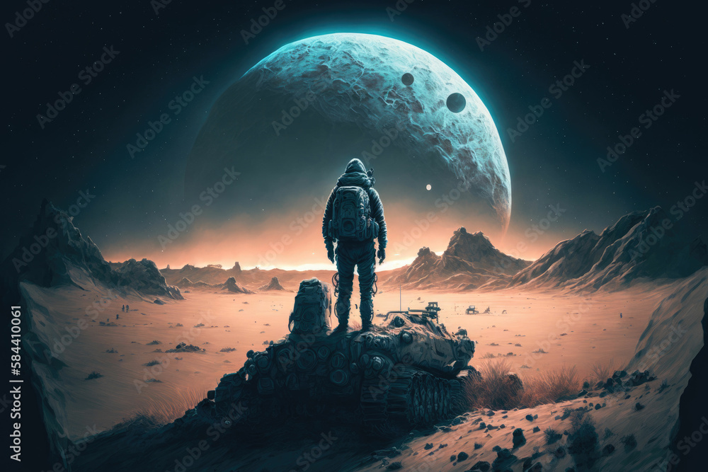 Lone adventurer discovering alien world with big moons ,made with ...
