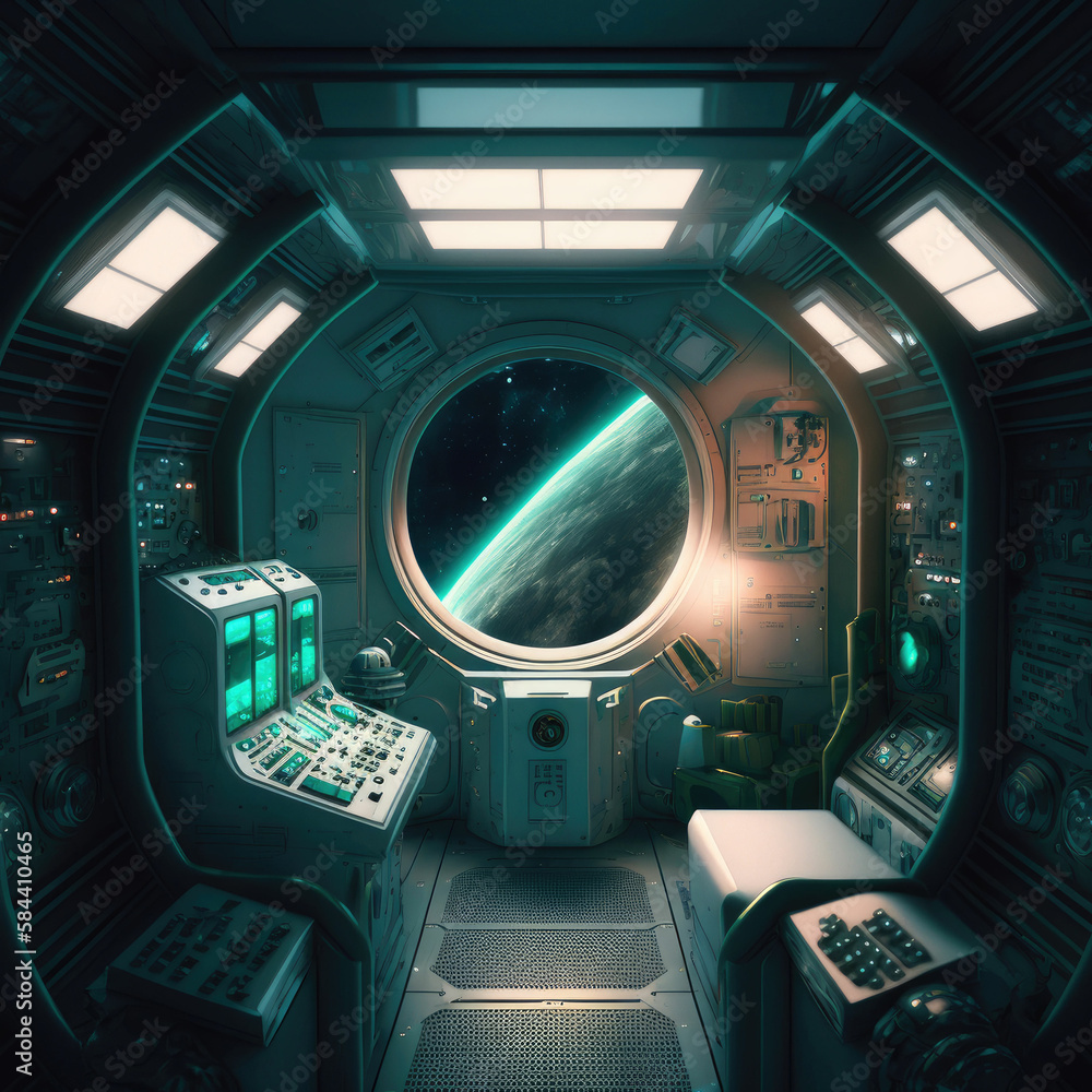 Futuristic spaceship cockpit interior. Future spacecraft control panels technology, space travel ...