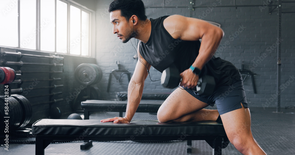 Dumbbell row, fitness and man in a gym strength training, bodybuilding ...