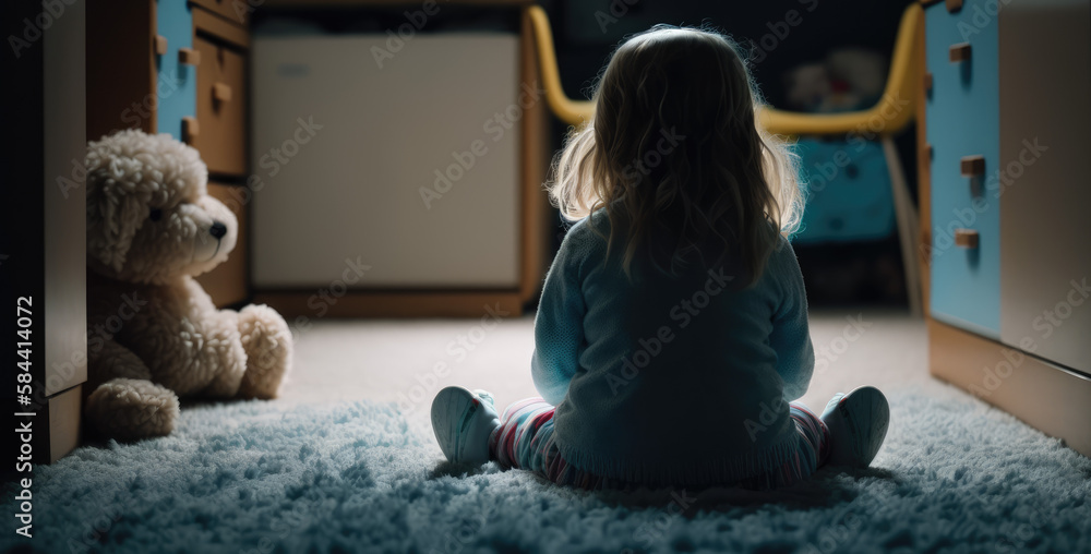 Sad child sitting in the room, lonely scared kid family conflict ...