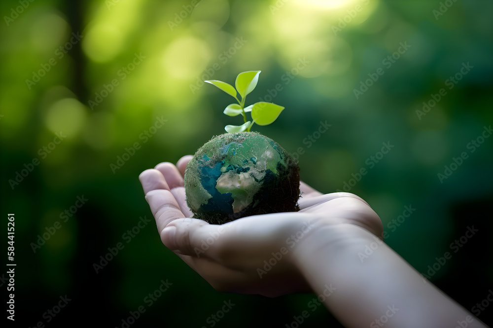 Growing tree on Globe in human hand on green nature background. Earth ...