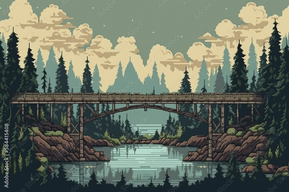 2D game landscape, bridge, lake, pine forest, 16 bit pixel style ...