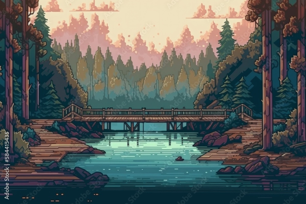 2D game landscape, bridge, lake, pine forest, 16 bit pixel style ...