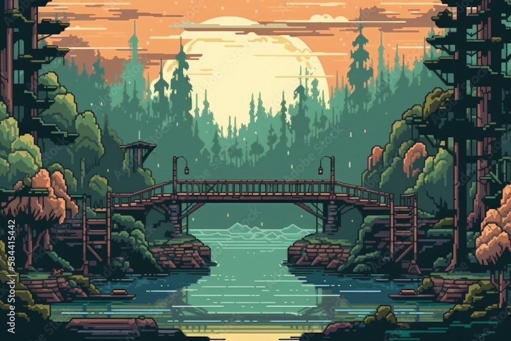 2D game landscape, bridge, lake, pine forest, 16 bit pixel style ...