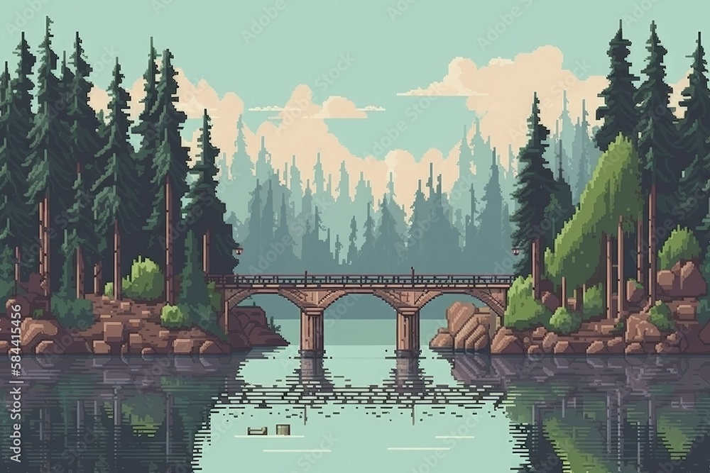 2D game landscape, bridge, lake, pine forest, 16 bit pixel style ...