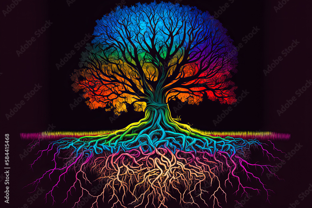 A tree with deep roots and branches reaching for the sky is depicted. A ...