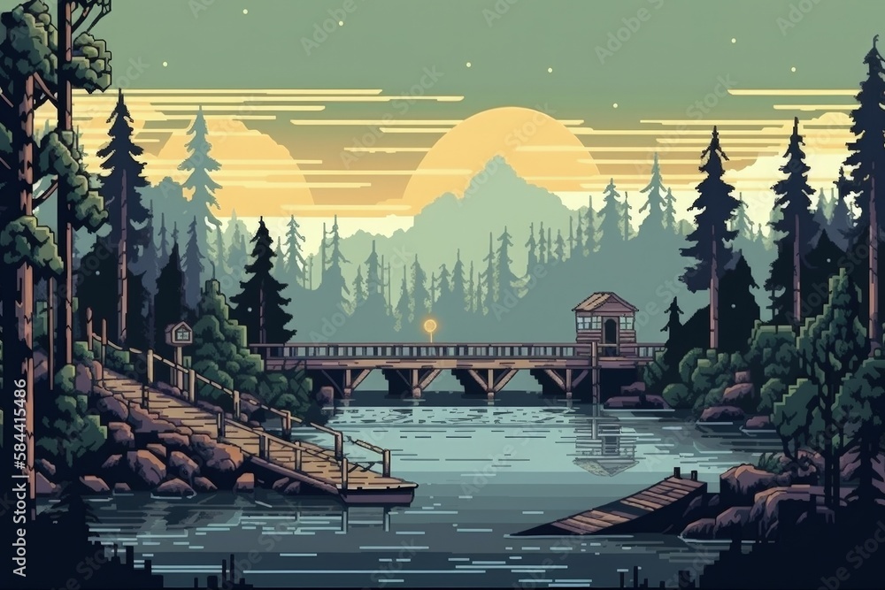 2D game landscape, bridge, lake, pine forest, 16 bit pixel style ...
