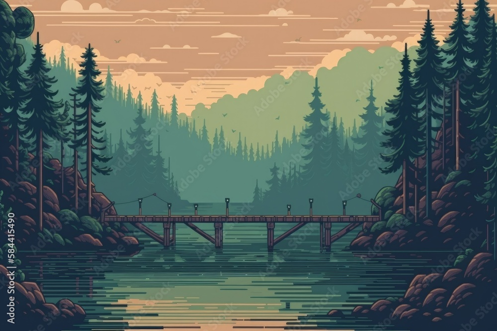 2D game landscape, bridge, lake, pine forest, 16 bit pixel style ...