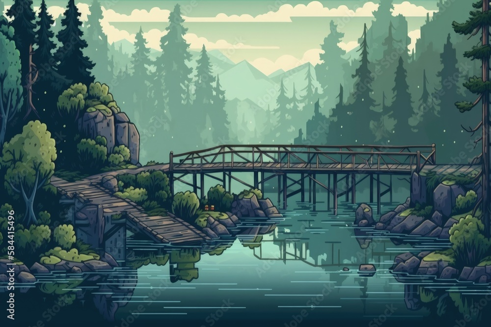 2D game landscape, bridge, lake, pine forest, 16 bit pixel style ...