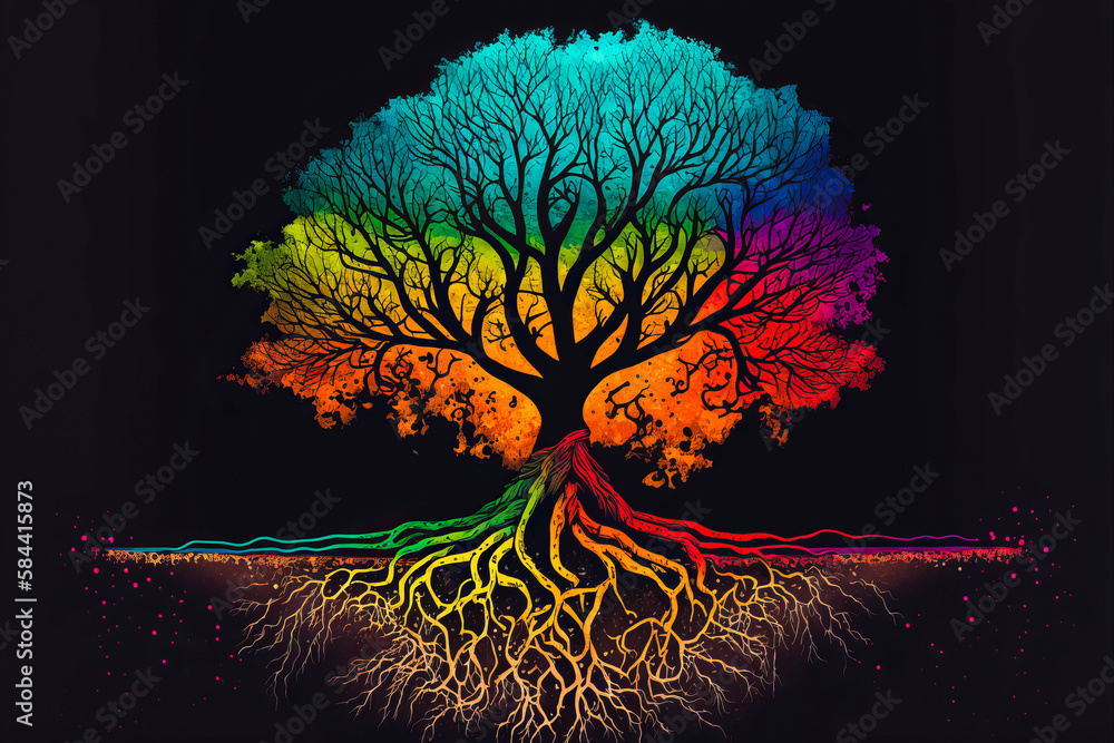 Abstract colorful image of a tree with deep roots and branches reaching ...