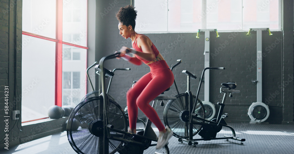 Exercise bike, cardio and girl cycling for sports fitness, athlete ...