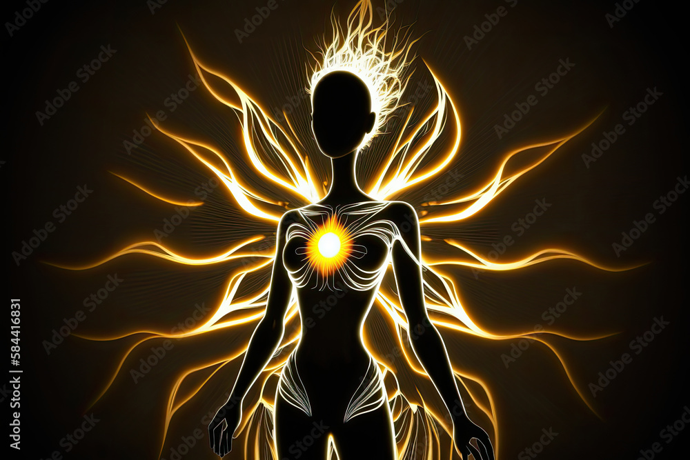 Cosmic trance and hypnosis concept of glowing body silhouette neural ...