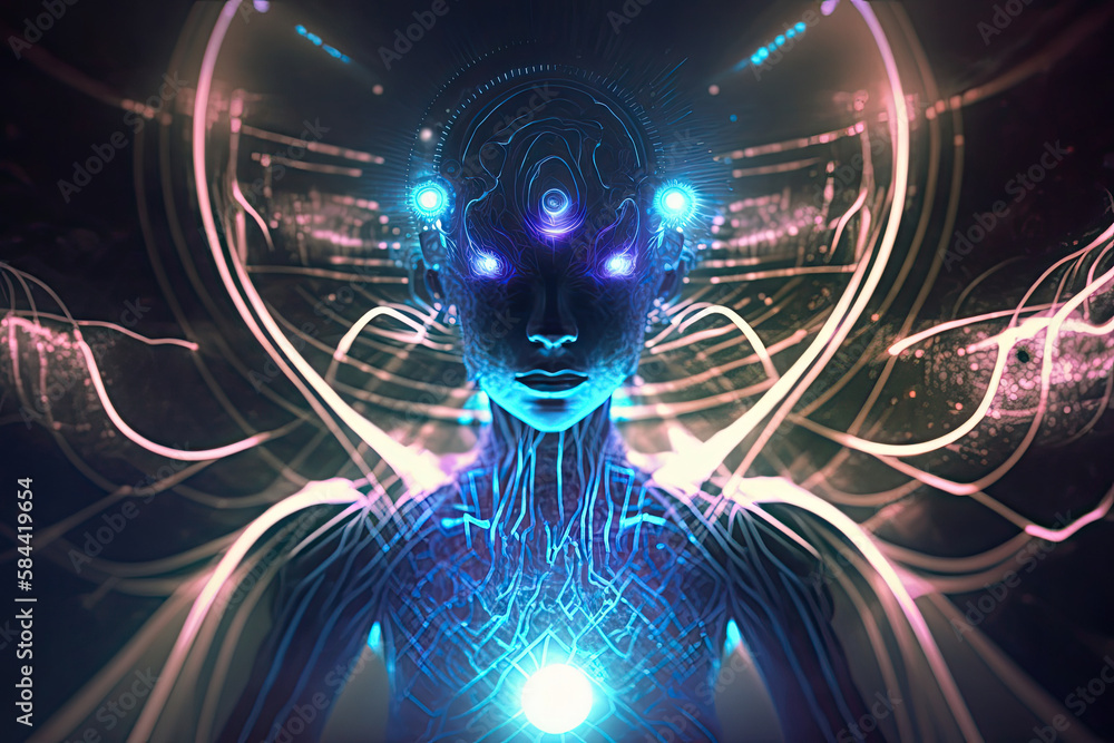 Cosmic trance and hypnosis concept of glowing body silhouette neural ...