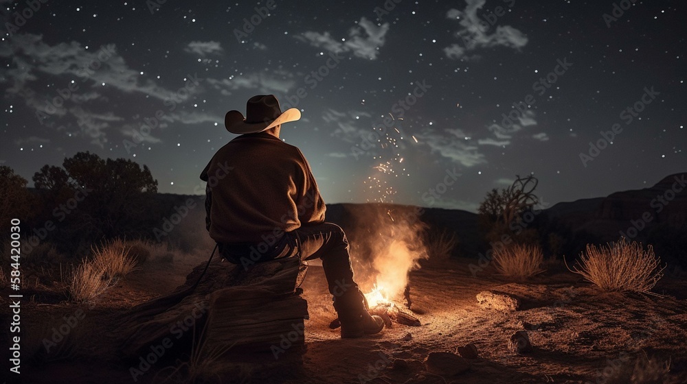 A lone cowboy sitting around a campfire under a starry sky Generative ...
