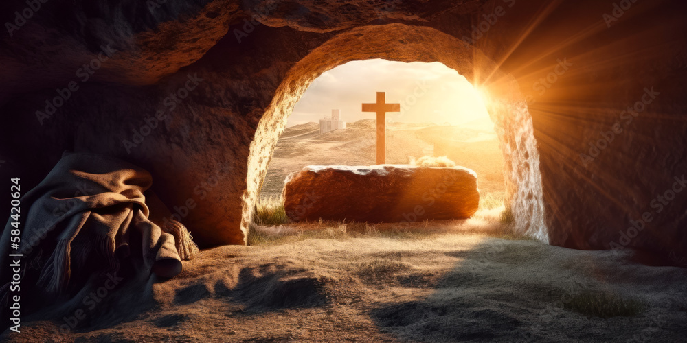 Tomb Empty With Shroud And Crucifixion At Sunrise. Resurrection Of ...