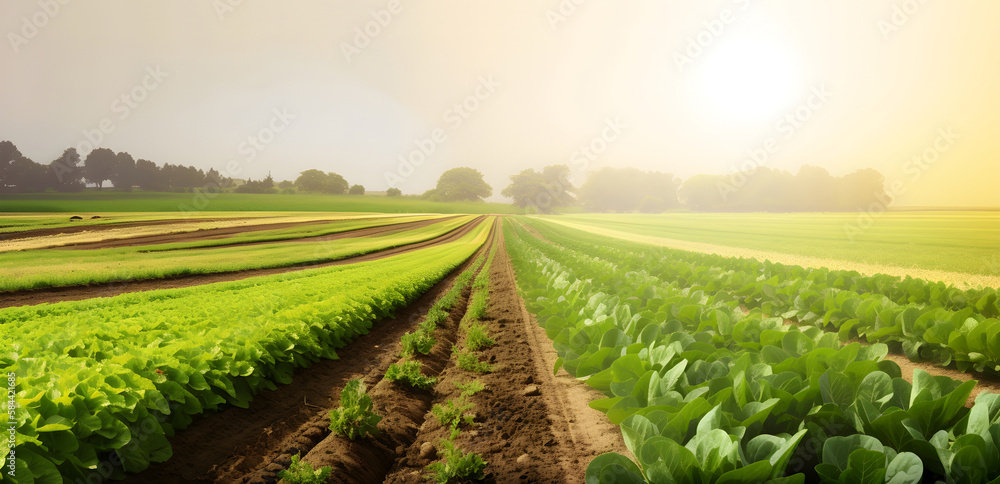 Rows of growing young plants in the field, ecological agriculture ...