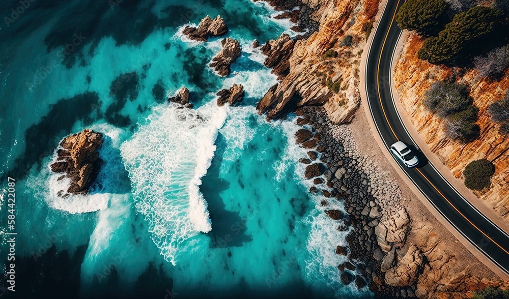 an aerial view of a car driving on a road next to the ocean. generative ...