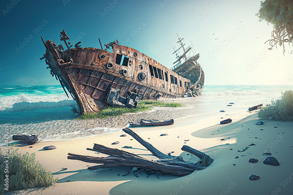 Shipwreck on sea beach, wreck of old rusty ship on sand by water ...