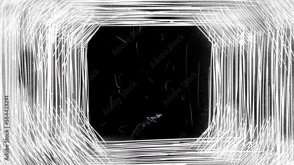 Square retro frame with white scratches on a black screen. The effect ...