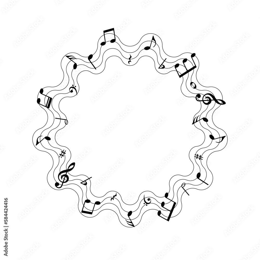 Music notes background, round wavy musical frame, vector illustration ...