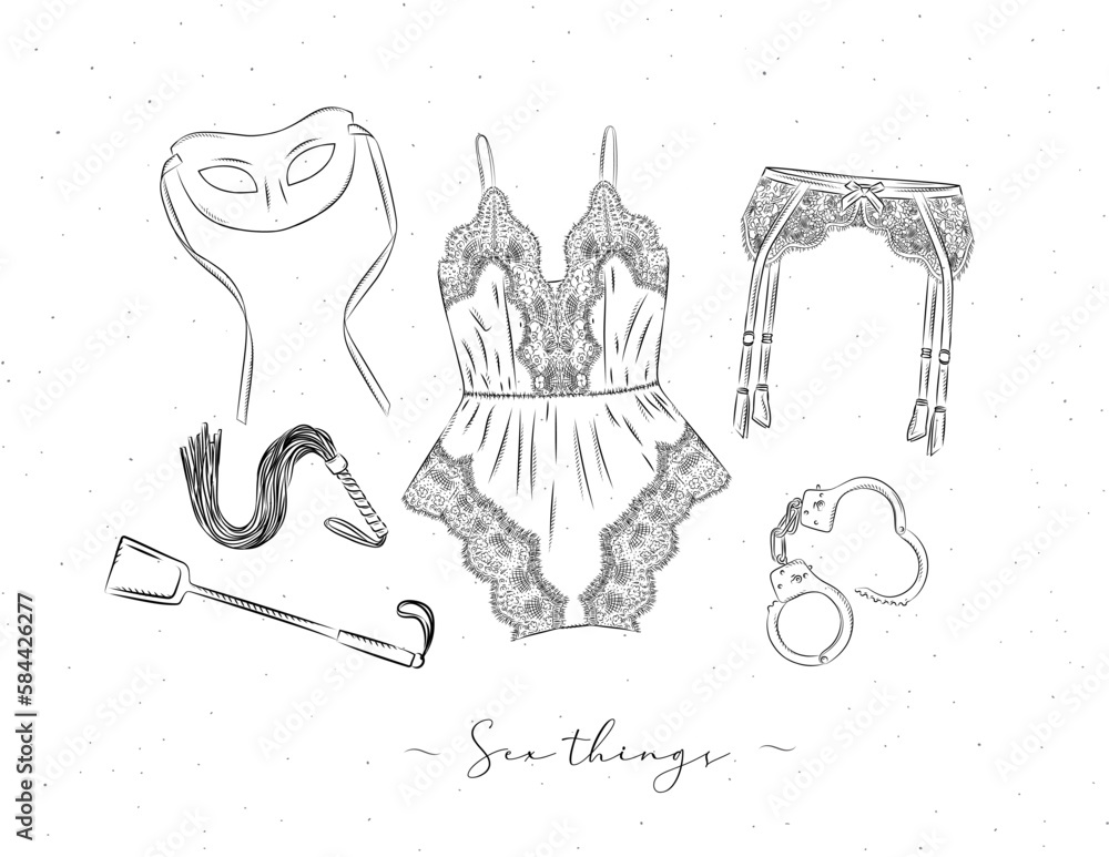 Sexy Clothes And Things For Adult Games In Graphic Style Drawn On White