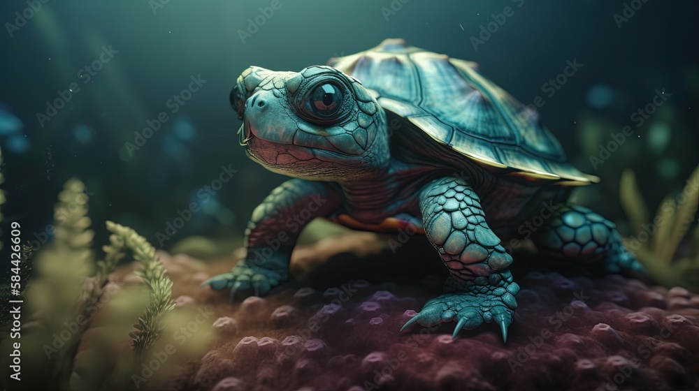cute turtle character in cartoon style in nature atmosphere, Generative ...