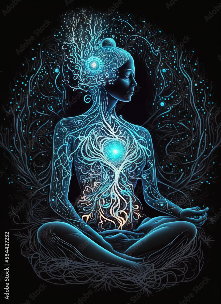 Luminescent abstract human meditating in a sitting pose. Energy ...