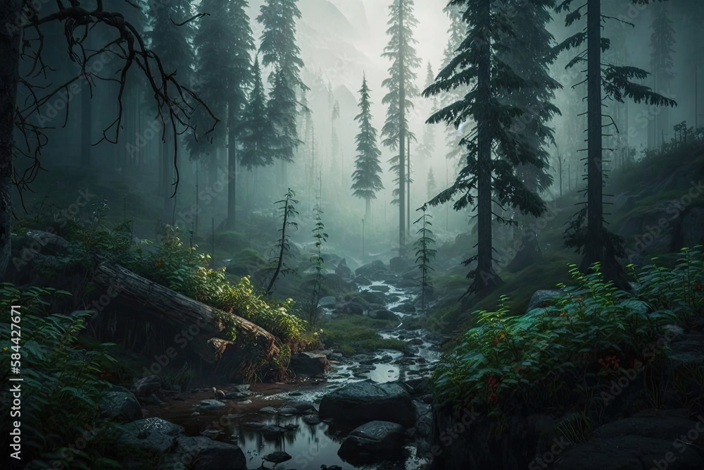 Dark rainforest sun rays through trees with dense fog digital ...