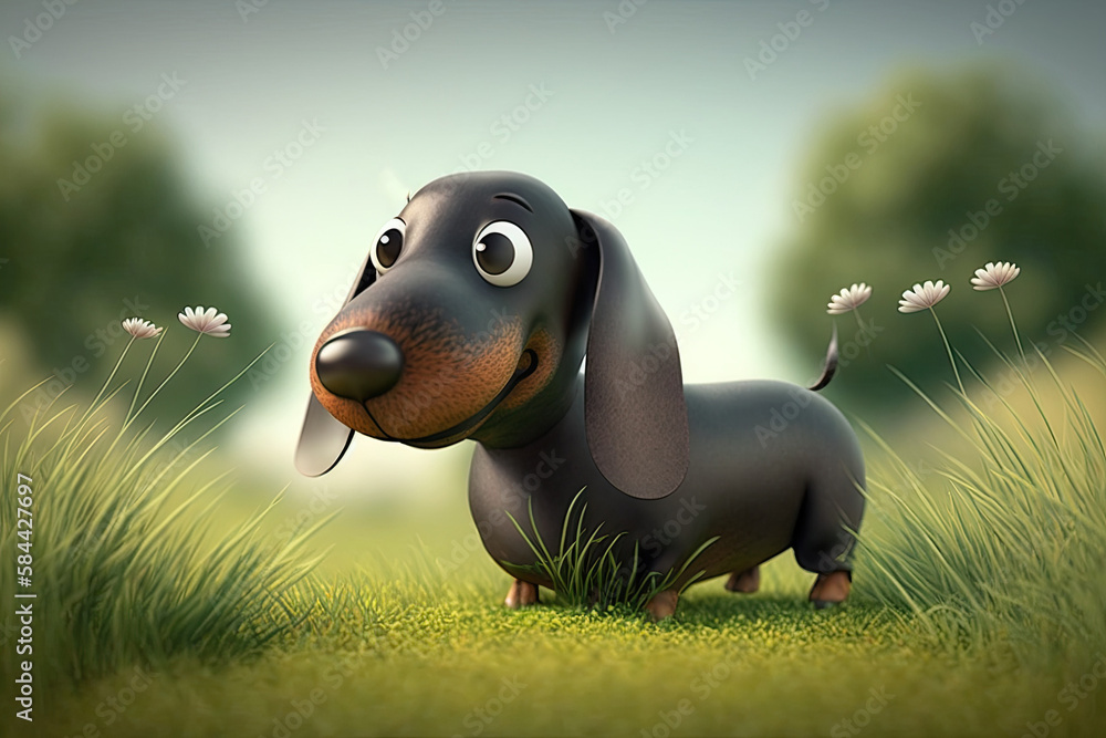 Cute Cartoon Dachshund Running through a Meadow (Generative AI) Stock ...