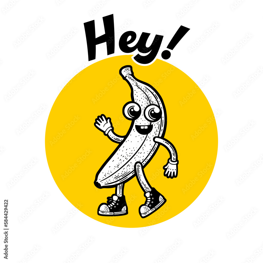 Cartoon banana t-shirt design sketch vector illustration. Happy walking ...