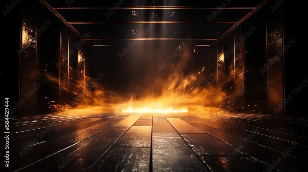 illustration of spotlights shine on stage floor in dark room with ...