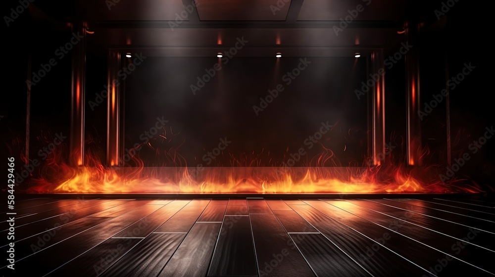 illustration of spotlights shine on stage floor in dark room with ...
