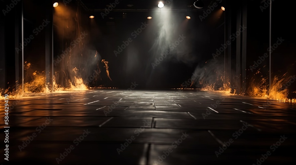 illustration of spotlights shine on stage floor in dark room with ...