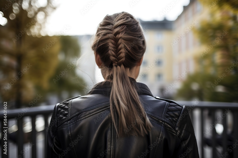 a woman with a braid in her hair is standing on a bridge looking at a ...