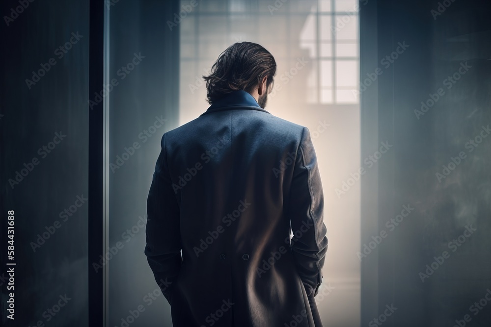a man standing in a dark room looking out a window at something outside ...
