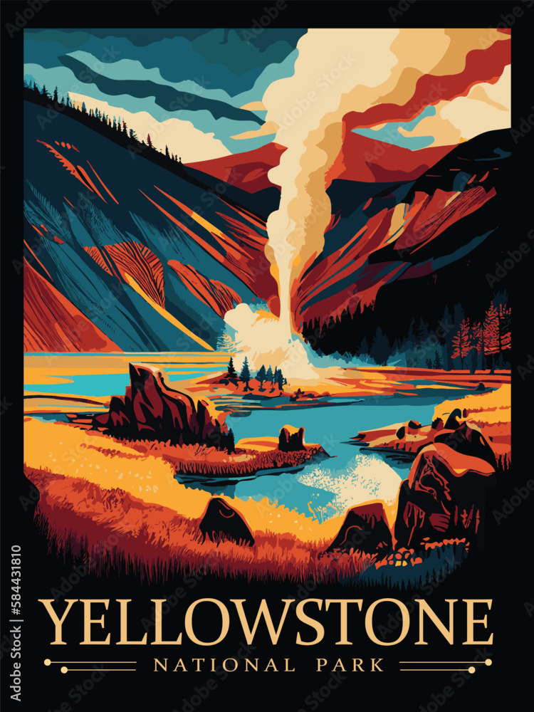Vector illustration of colorful Yellowstone national park poster ...