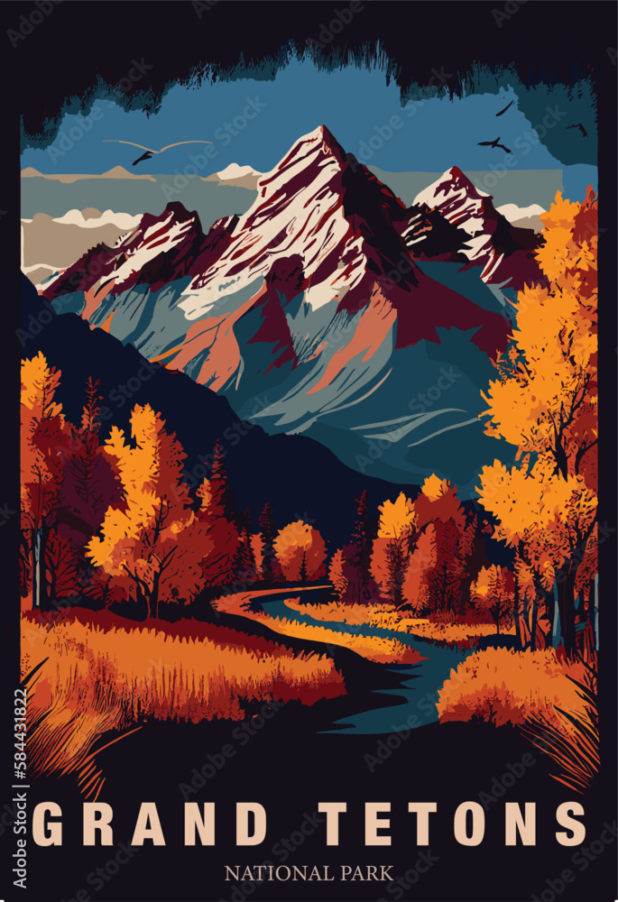 Vector illustration of colorful Grand Tetons national park poster ...