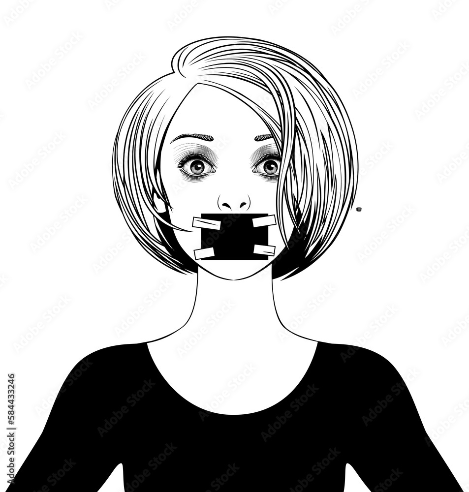 Short-haired blonde with a frightened face and a taped mouth isolated ...