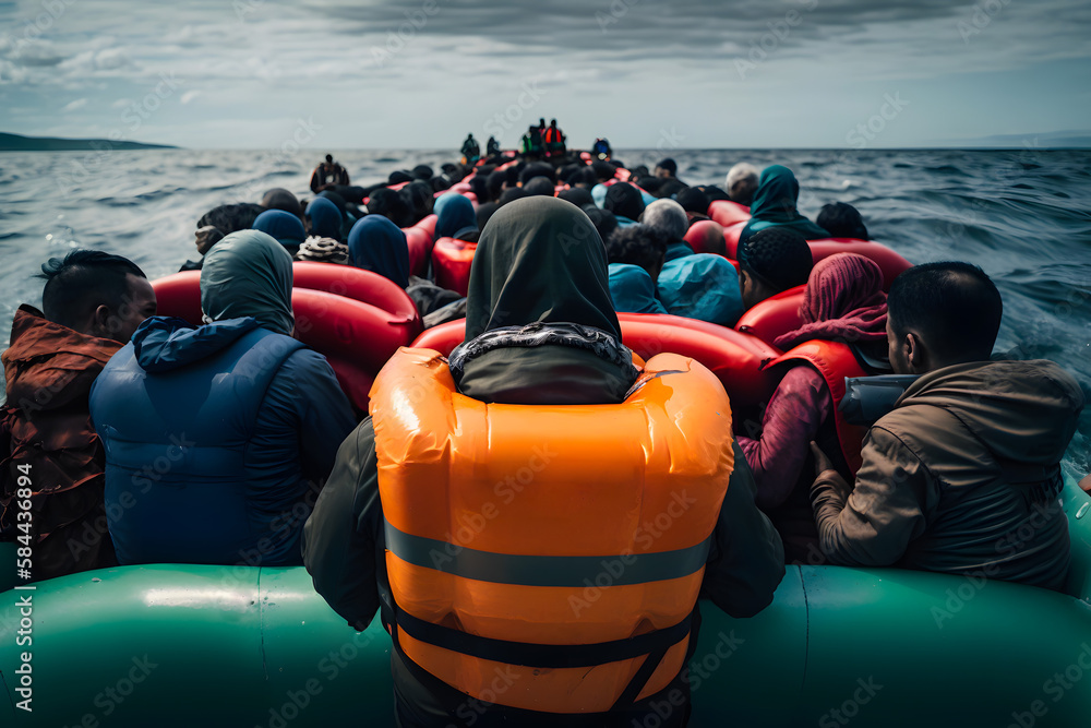 Crowd of people of illegal migrants crosses the state border across the ...