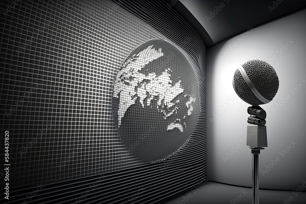 A sleek and modern microphone stands in front of a large projection ...