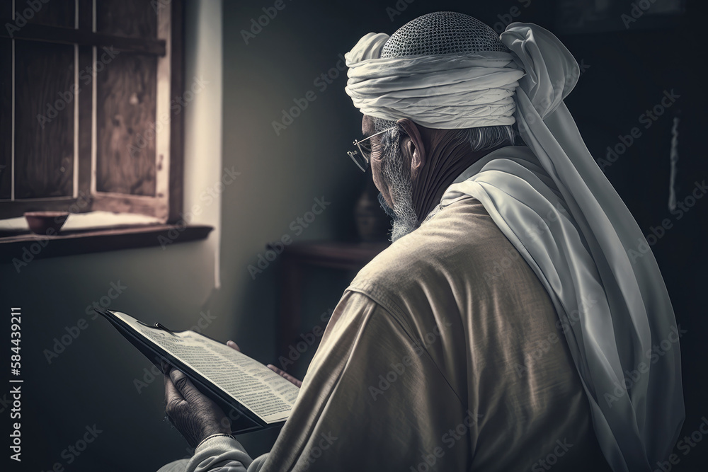 Muslim elder sitting in masjid reading quran before prayer time at ...