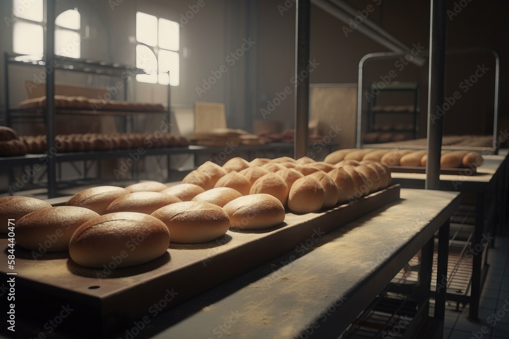 a bunch of breads that are sitting on a table in a room with a lot of ...