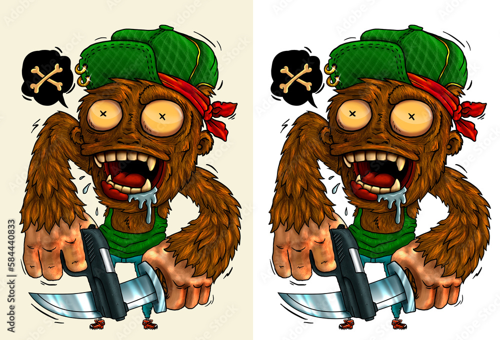 Crazy Monkey with gun and knife, illustration on transparent background ...