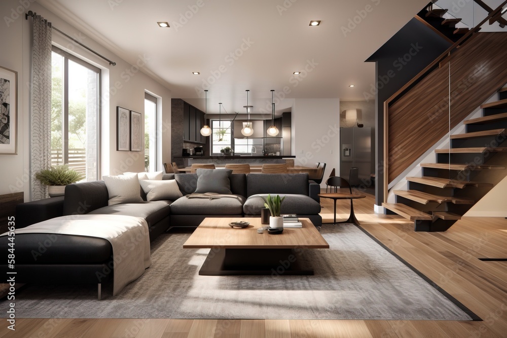 a living room with a couch, coffee table, stairs and a staircase in the ...