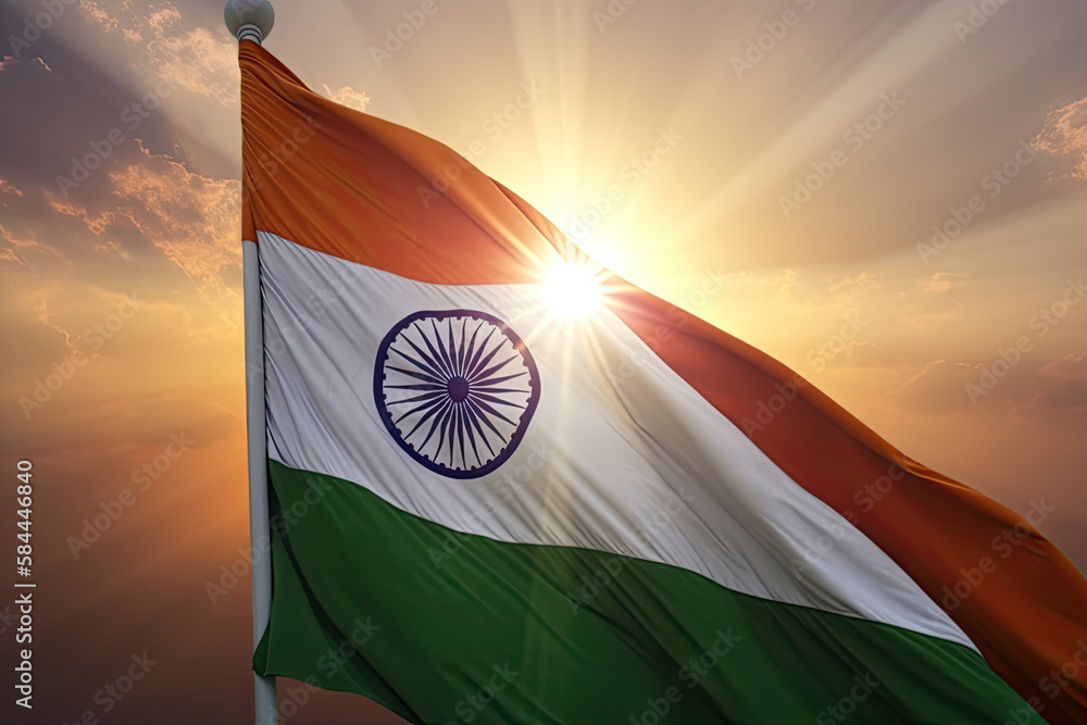 Close up waving flag of India on background of sunset sky. Flag symbols ...