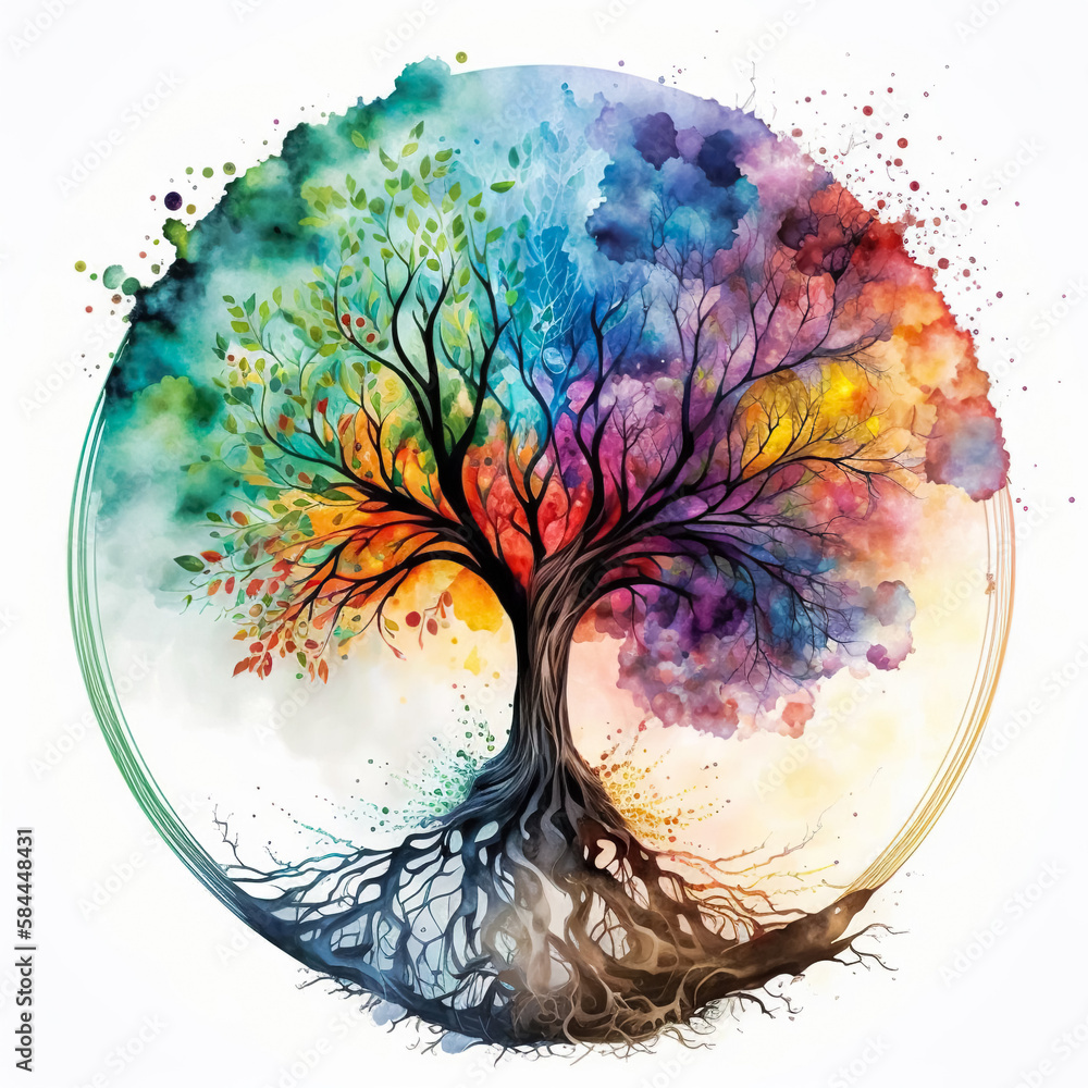 Watercolor style tree of life, mythological sacred tree, spiritual life ...