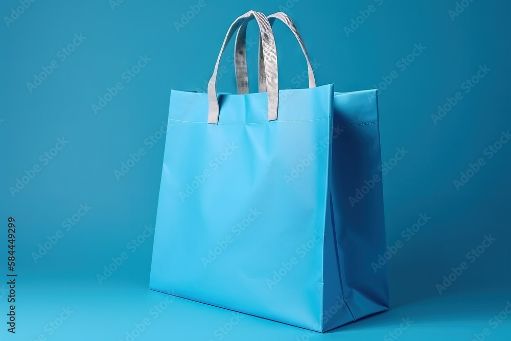 a blue shopping bag on a blue background with a silver stripe on the ...