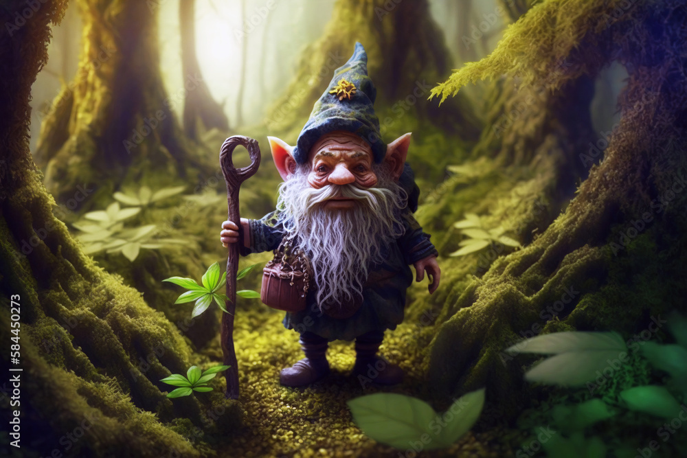Marijuana dwarf in a magical forest with cannabis leaves. Growing weed ...