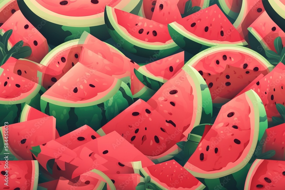 a bunch of watermelon slices are shown in this image with a green ...