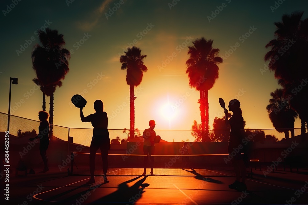 people playing pickleball near the beach with palm trees in the ...